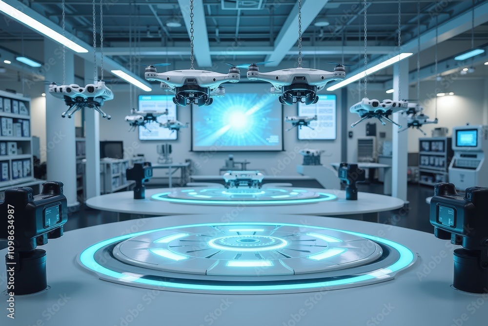 Futuristic Drone Assembly Line in a Modern Laboratory with Advanced Technology and Robotics ...