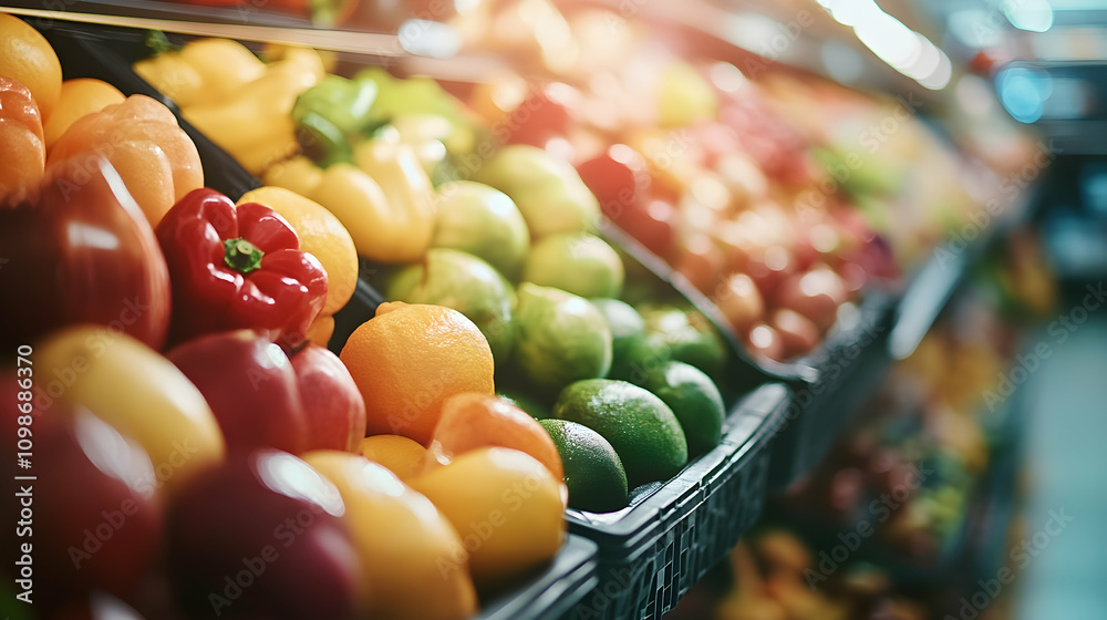 Shoppera??s perspective down a brightly lit grocery store aisle, with ...