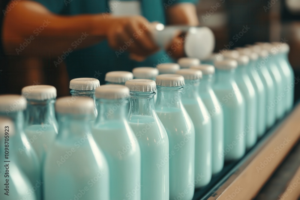 Freshly Bottled Milk Being Processed on the Production Line in a ...