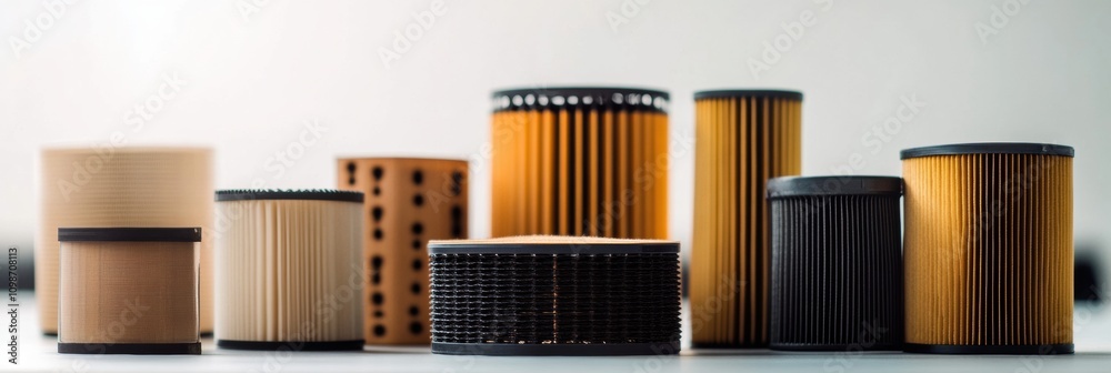 Various car filters—oil, air, and fuel—are neatly arranged against a ...