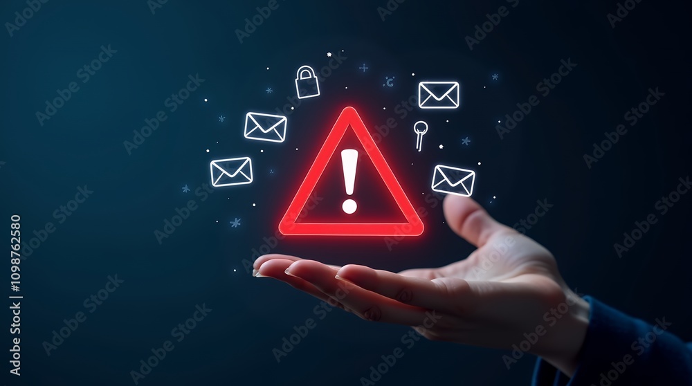 Hand Holding Red Triangle Warning Sign Surrounded by Email Icons for ...