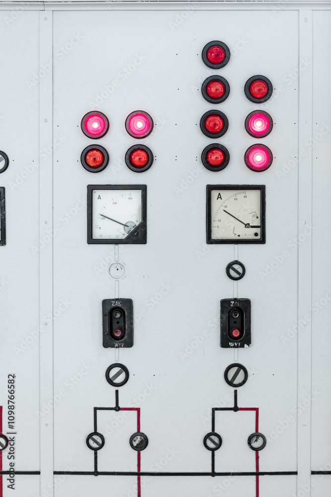 ภาพถ่าย Stock Meters with Indicator Lights a board with red warning ...