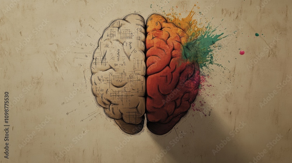 The artwork displays a brain divided into left and right hemispheres ...