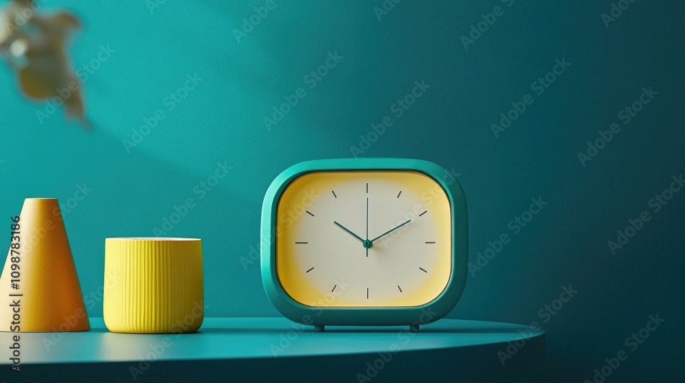 Teal and Yellow Retro Alarm Clock on Round Table with Complementary ...
