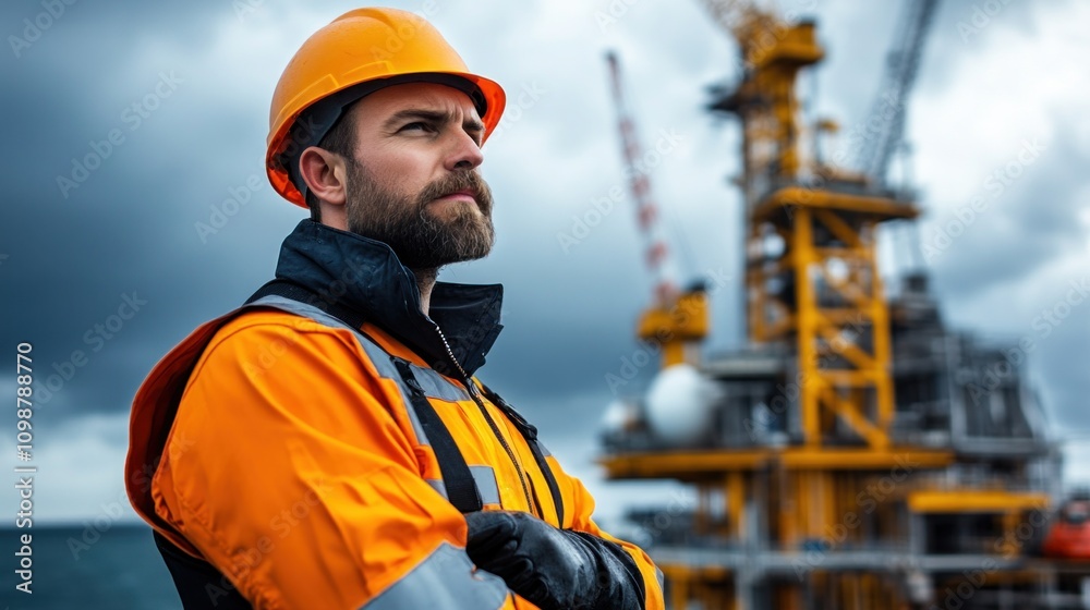 construction worker wearing a hard hat and an orange suit stands ...