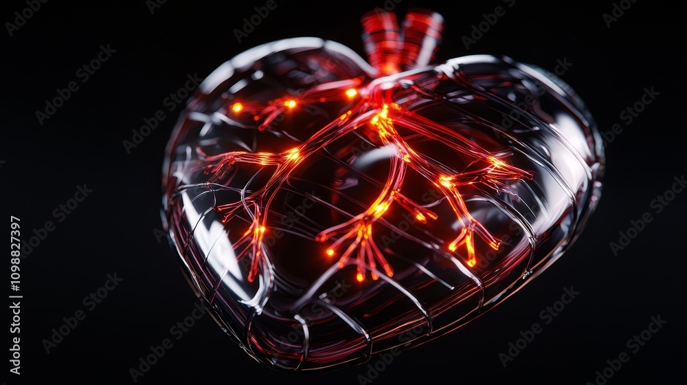 Close-up of a human heart model, highly detailed with bright arteries ...