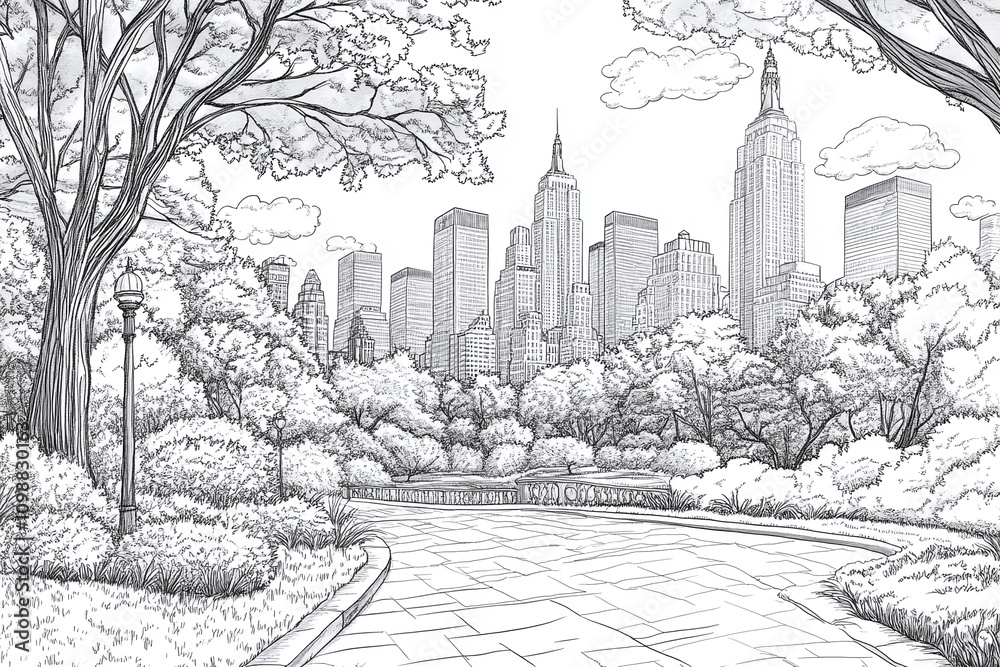 Central park coloring page layout, detailed trees and pathways, clean ...