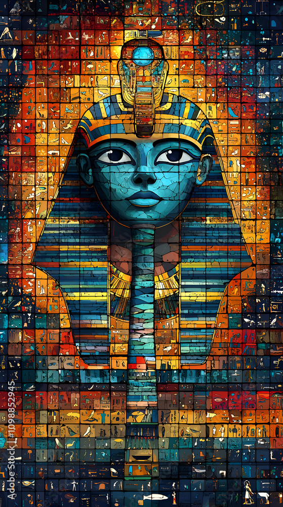 Vibrant Portrait of Tutankhamun in Colorful Mosaic Art Representing ...