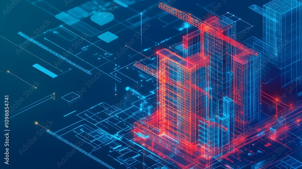 digital construction building information modeling bim concept with 3d model and blueprints ...