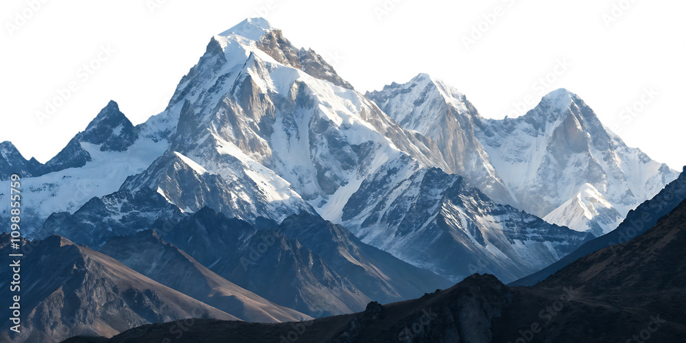 Majestic mountain peaks with snow-capped summits, cut out isolated on ...