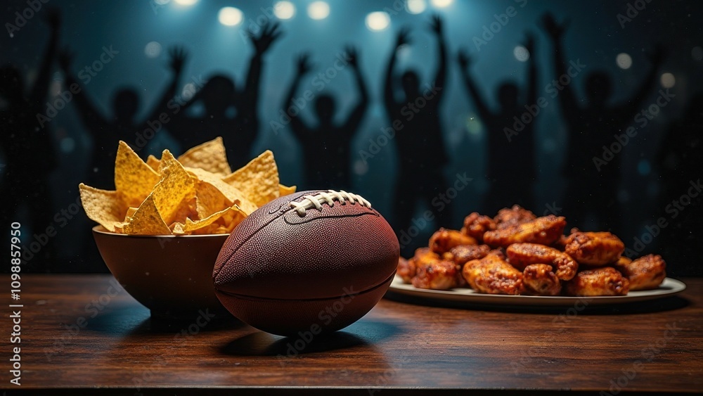 Game night snacks: football with nachos and wings against cheering ...