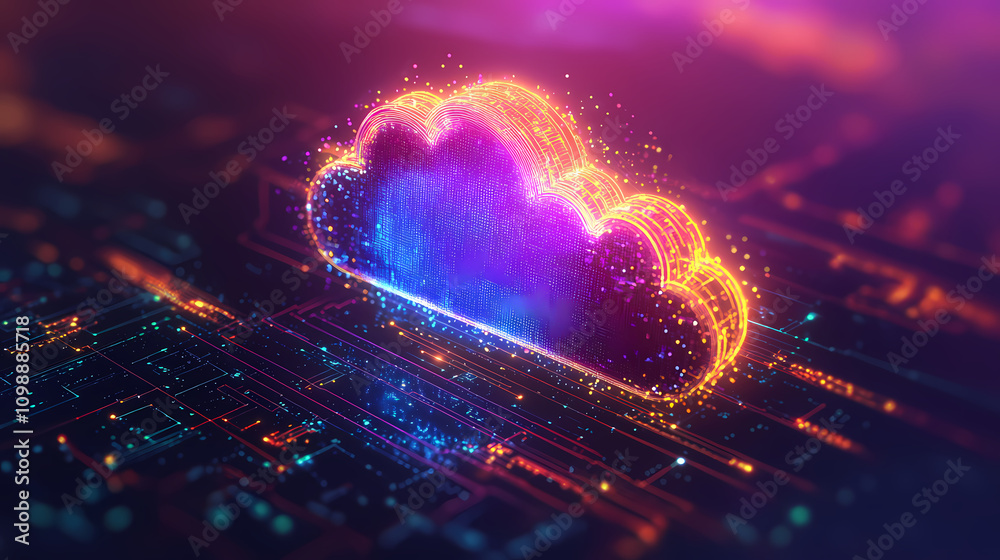 Futuristic holographic cloud interface neon data streams exploded 3d panels cyberpunk aesthetics ...