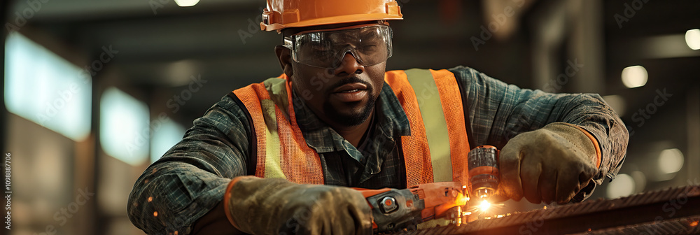 Male African American construction worker in a hard hat and reflective vest, using a power drill ...