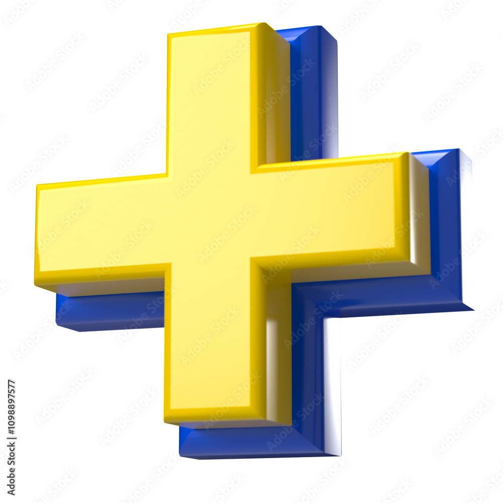 3D Yellow and Blue Plus Sign Positive Symbol, Addition, Medical Icon ...