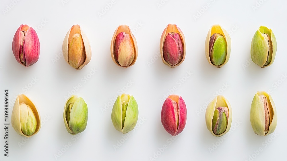Colorful pistachios in various stages of opening displayed on a ...