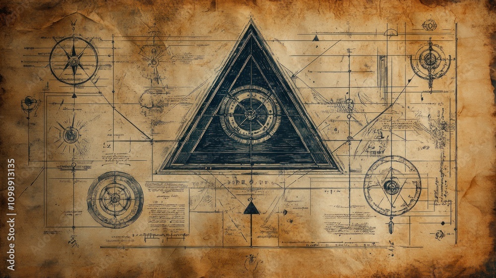 Ancient Blueprint Featuring Compass Rose And Triangle Symbol Stock ...