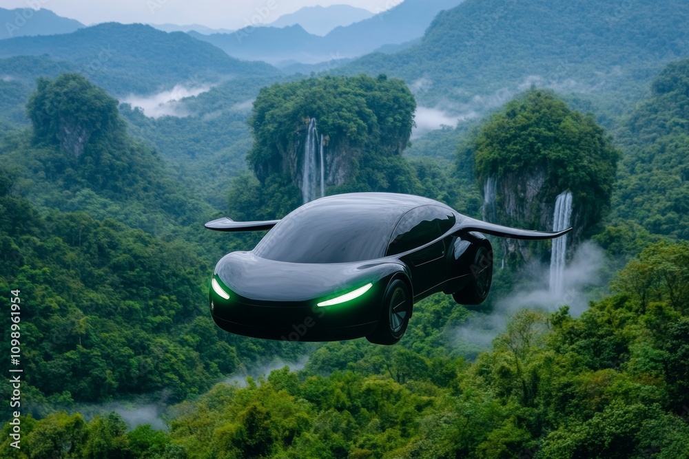 A magical flying car powered by glowing orbs, soaring over a fantasy ...