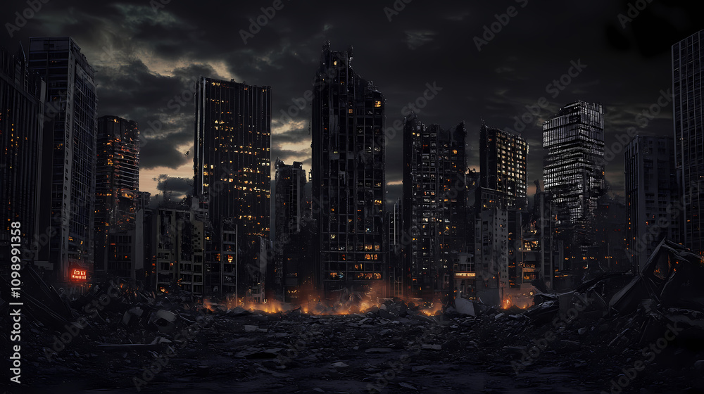 Artistic rendering of dystopian cityscape with crumbling buildings ...