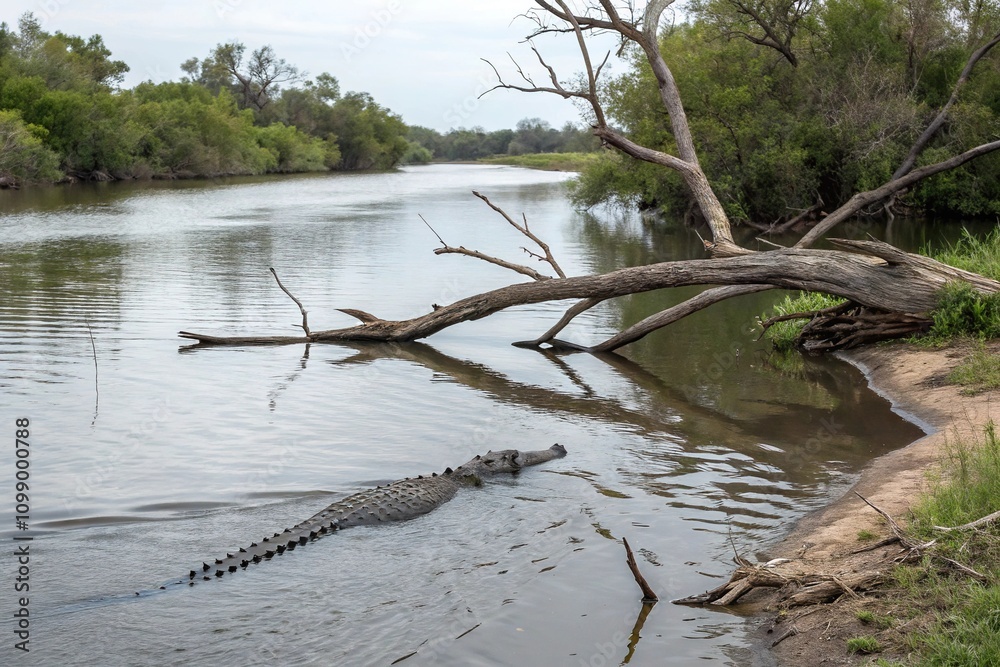 Crocodile silhouette forms on river surface as fallen tree splits the ...