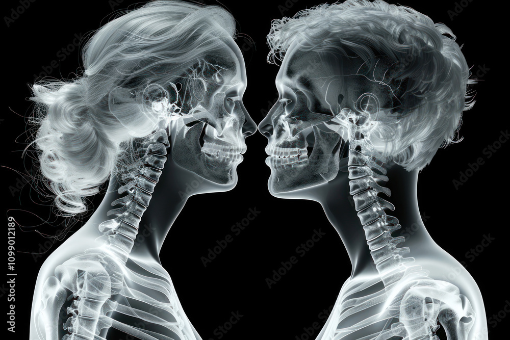 X-ray photographs of two human figures, a man and a woman, who stand ...