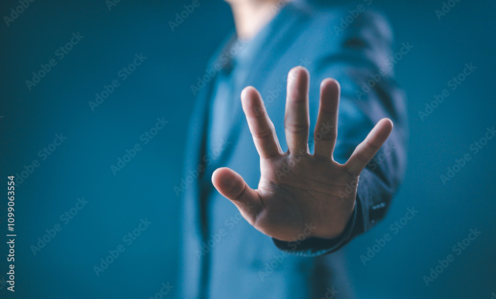 person's hand showing palm gestures stop, concept violence, warning ...