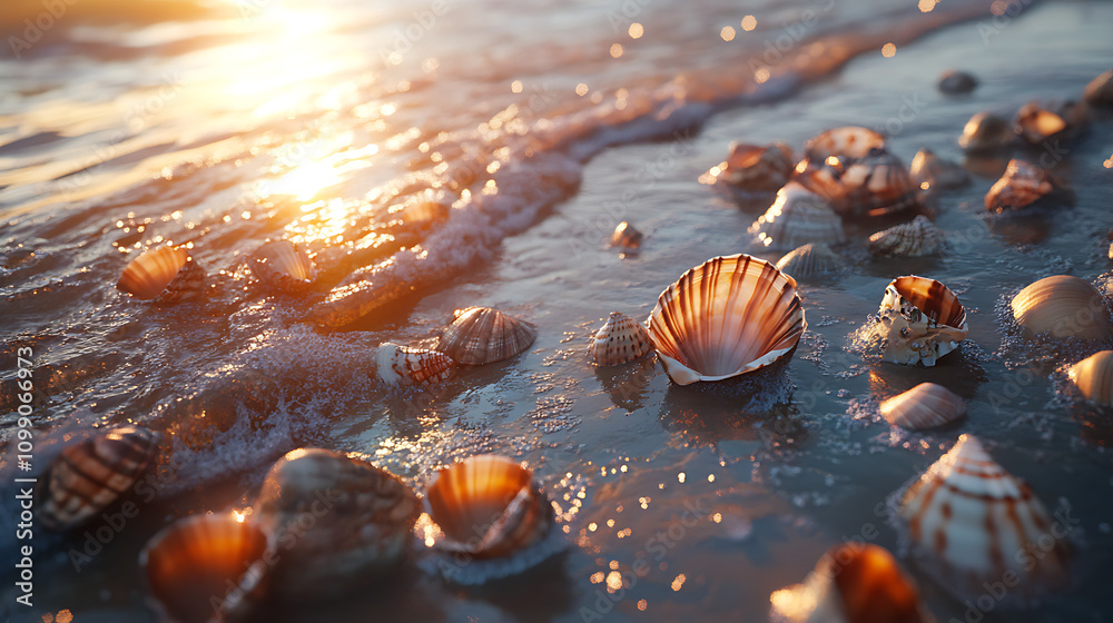 Unique, distinctive patterns on scattered seashells along shoreline at ...