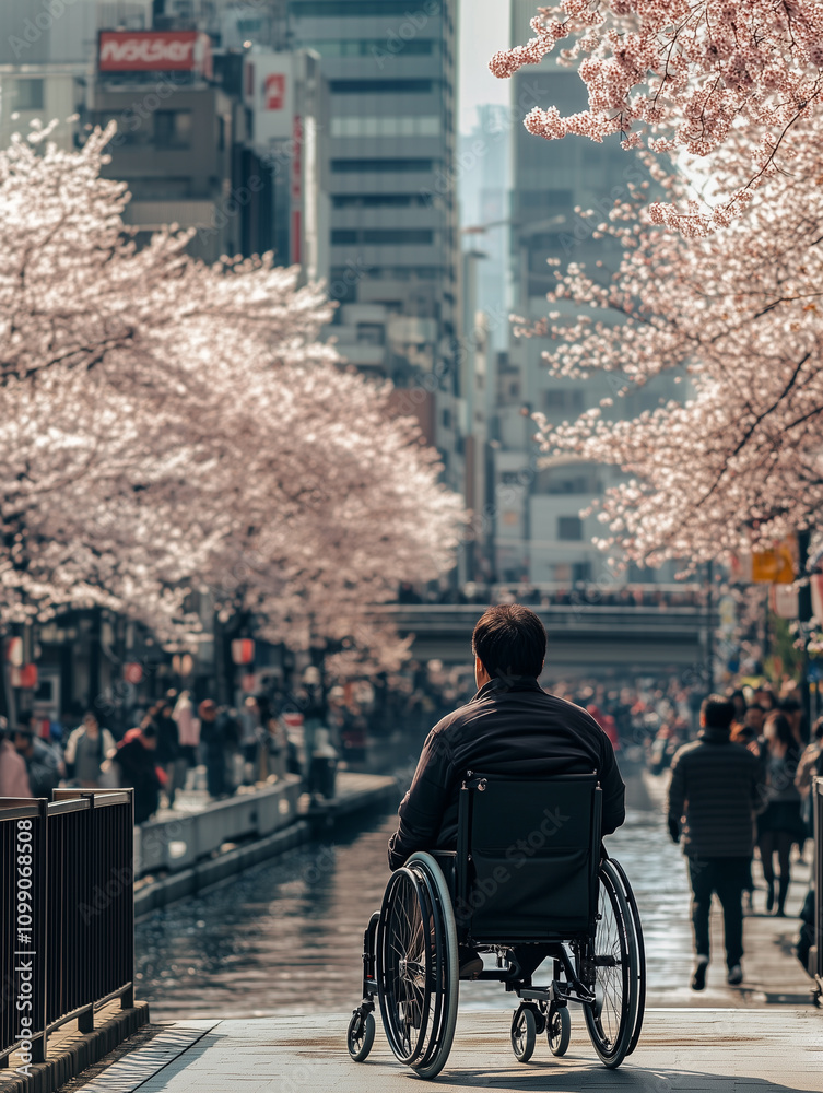 Vertical photo of a disabled man in a wheelchair among the blossoming ...