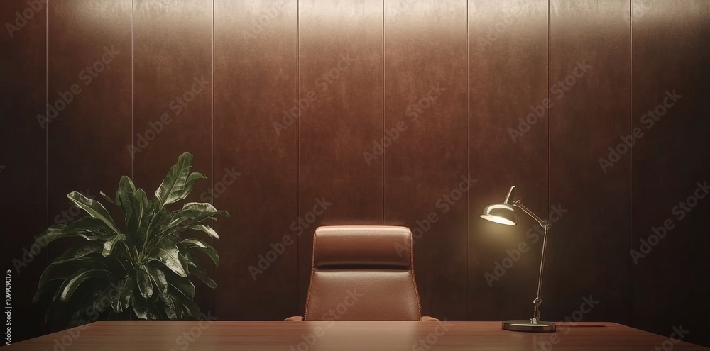 Modern office space wooden desk brown leather chair zoom backgrounds ...