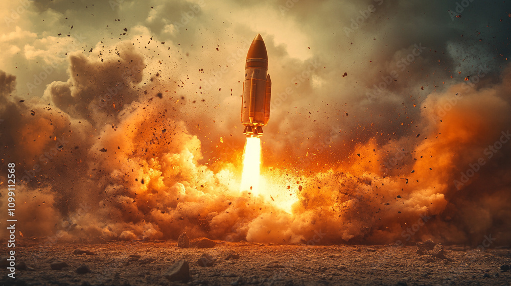 rocket blasting off against a high-tech background, symbolizing ...
