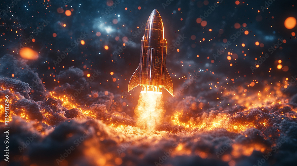 rocket blasting off against a high-tech background, symbolizing ...