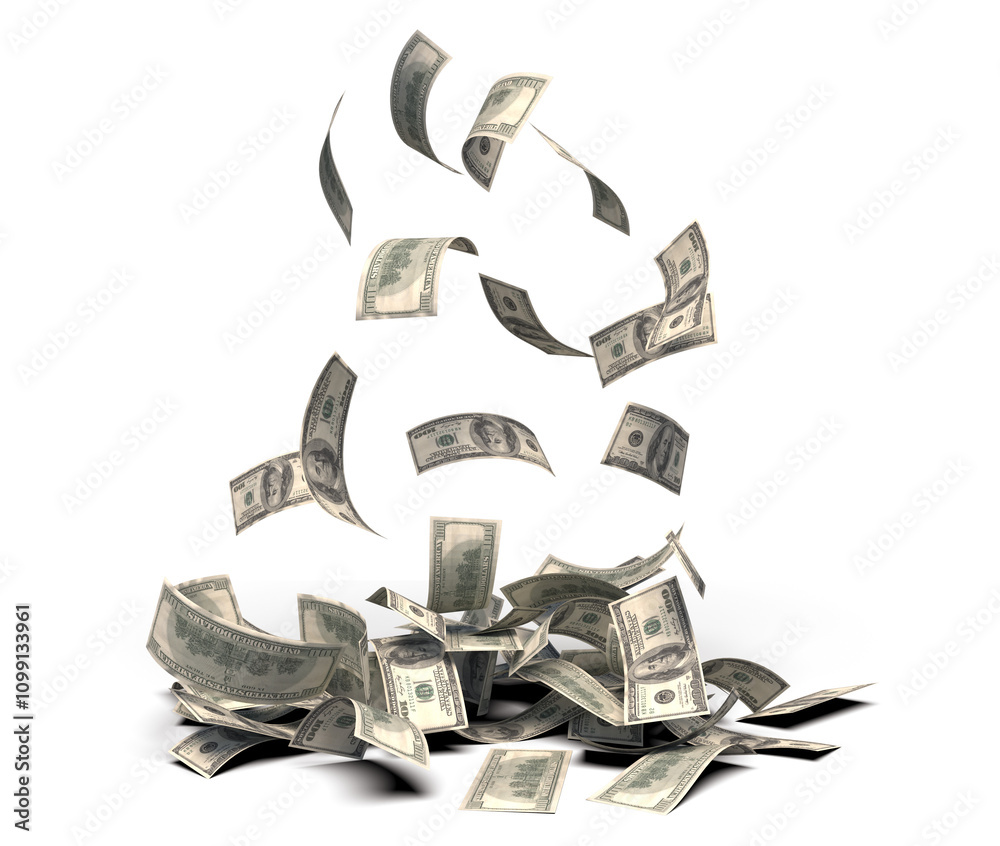 Falling 100 us dollar bills banknote transparent image 3d rendering ...