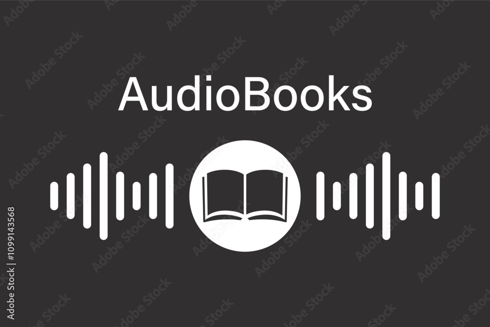 เวกเตอร์ Stock Book and sound wave signs. Audiobook black simple icon ...
