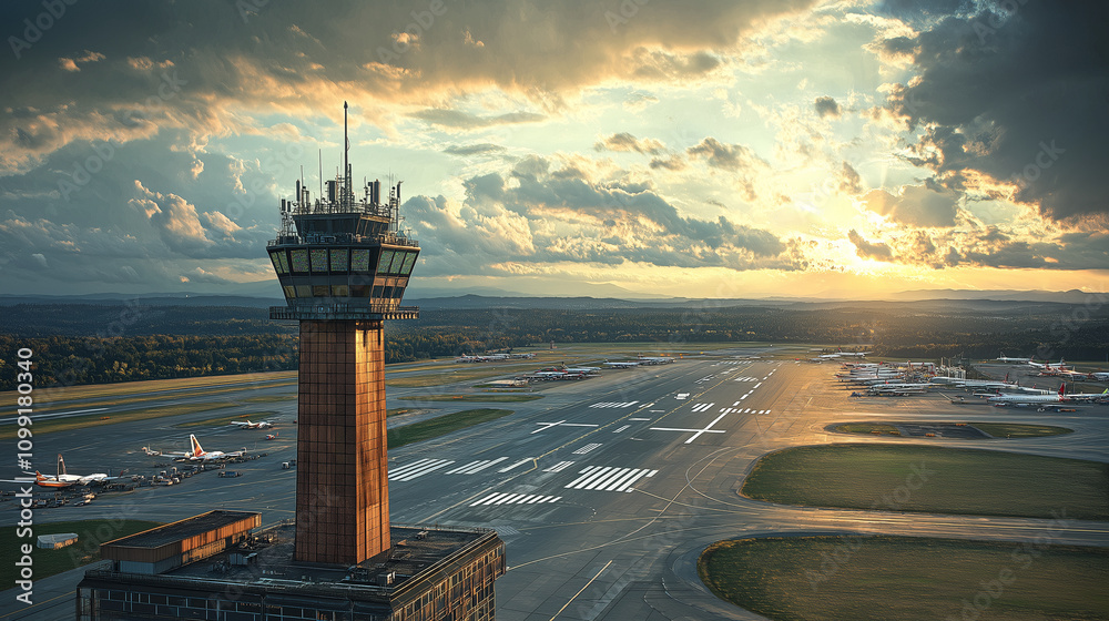 Ilustración de Stock Control Tower and Runway View of an air traffic ...