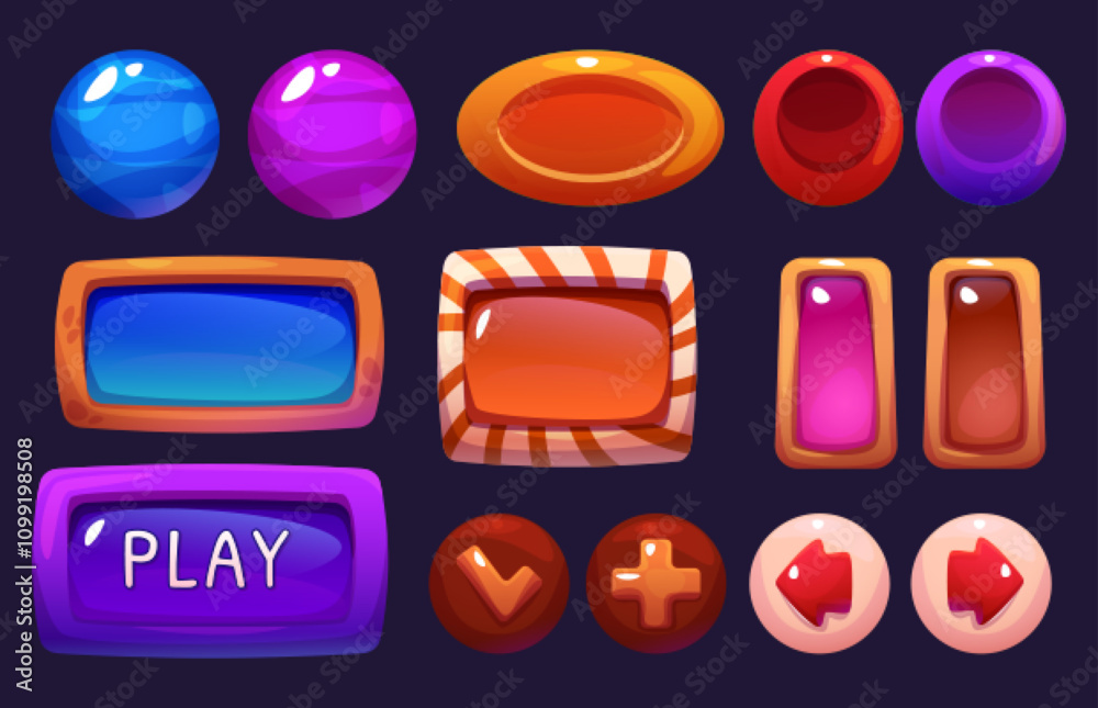 Colorful game interface buttons with candy like glossy appearance ...