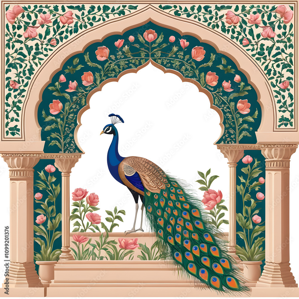 Traditional Mughal Pichwai Art Elegant Mughal Garden with Peacock Arch ...