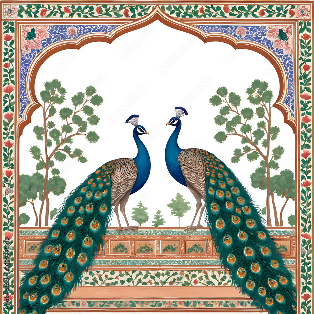 Best Traditional Mughal Pichwai Art Mughal Garden Peacock Arch Frame ...