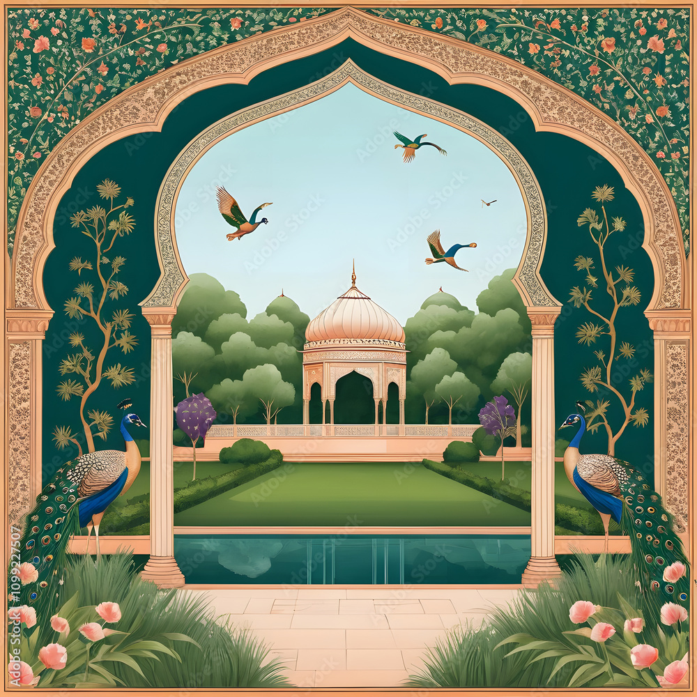Traditional Mughal Pichwai Art Mughal Garden Peacock Arch Frame Design ...