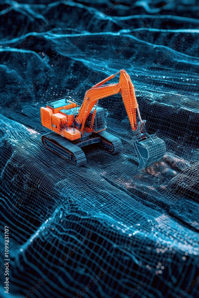 Excavator at work within a digital terrain, represented in a geometric ...