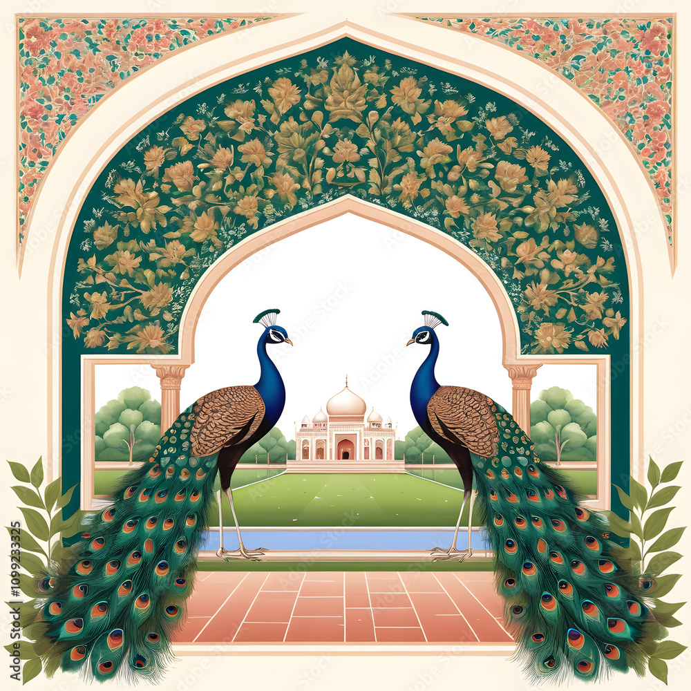 Traditional Mughal Pichwai Art Mughal Garden Peacock Arch Frame ...