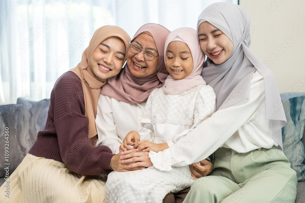 Four generations of muslim woman in hijab enjoying family time showing ...