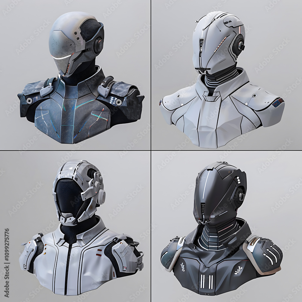 Four unique character busts arranged in a grid, each featuring a ...