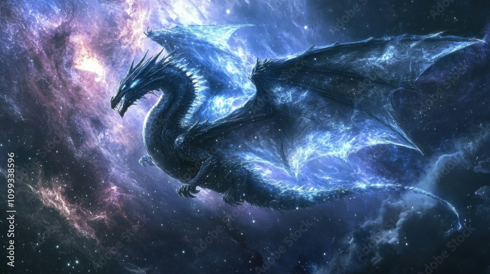 celestial dragon flying through a nebula, wings shimmering with ...