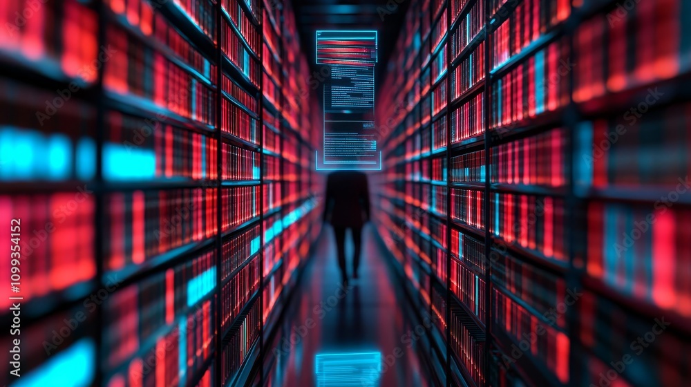 Futuristic virtual library with glowing holographic shelves, books ...