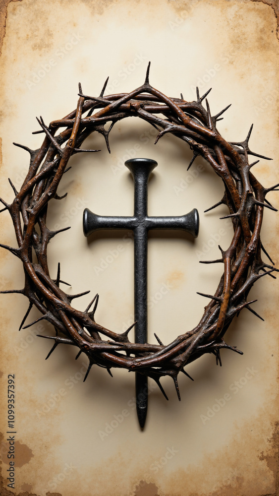 Crown of Thorns with Iron Nail Cross on Aged Parchment: Religious ...