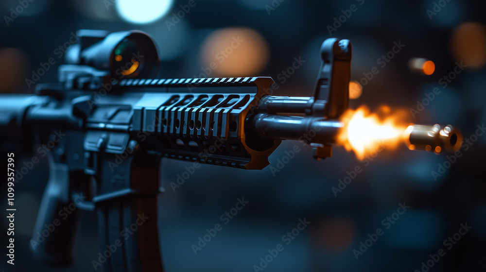Firing Line: A dramatic close-up of a semi-automatic rifle firing, the ...