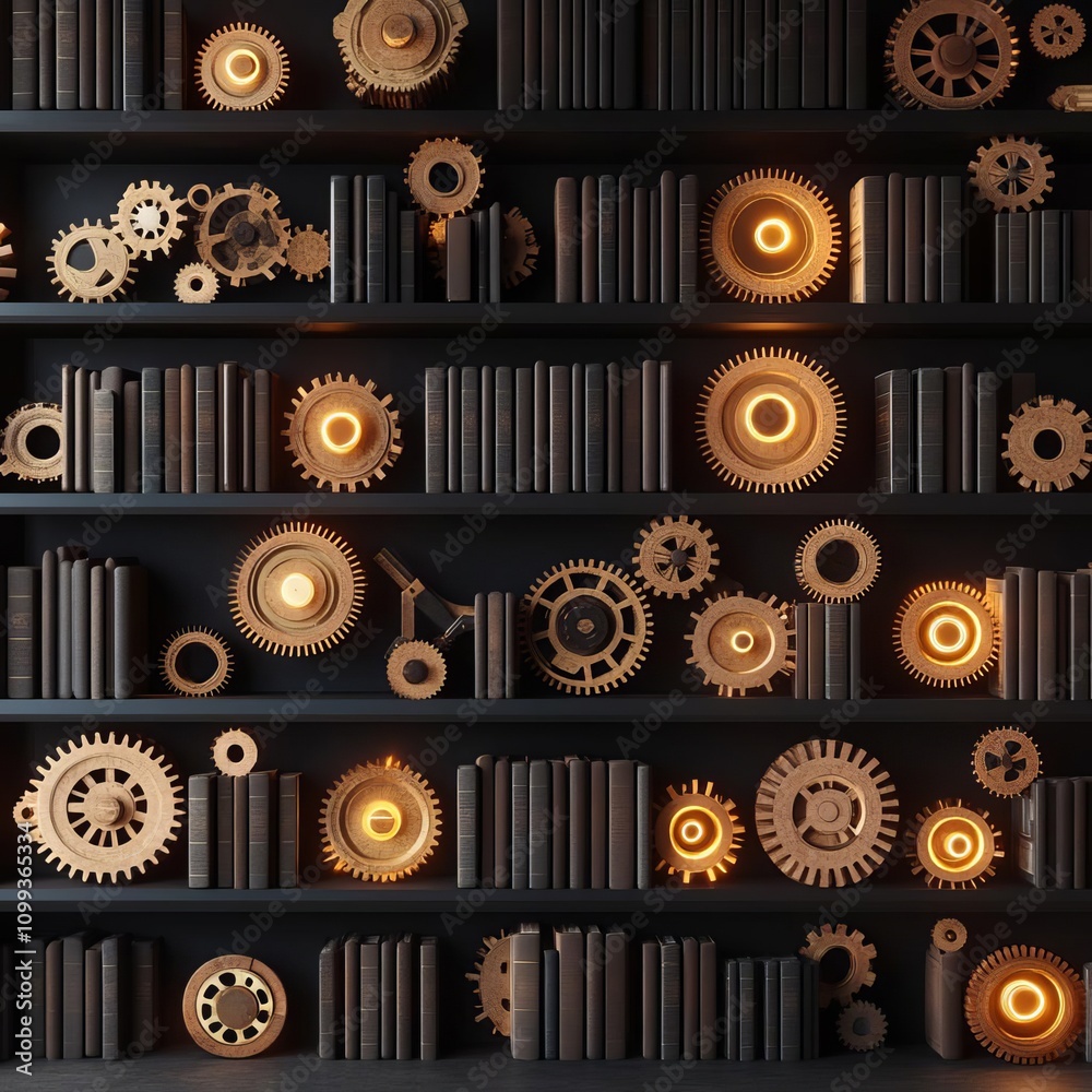 Virtual steampunk library with books stored in glowing mechanical gears ...