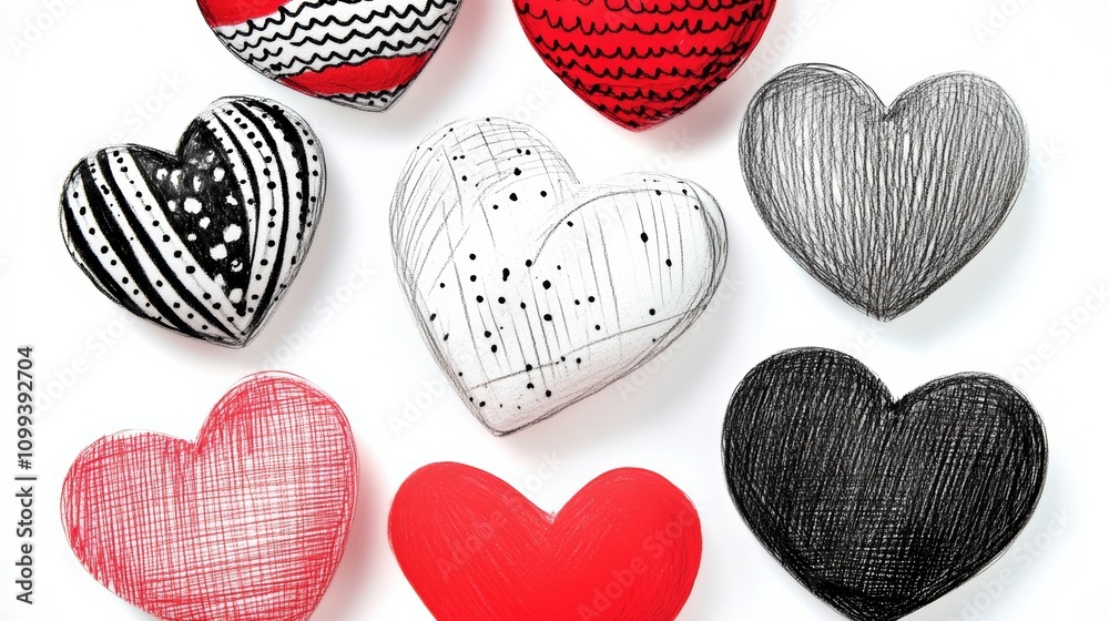 Collection of hearts with different designs and colors. The hearts are ...