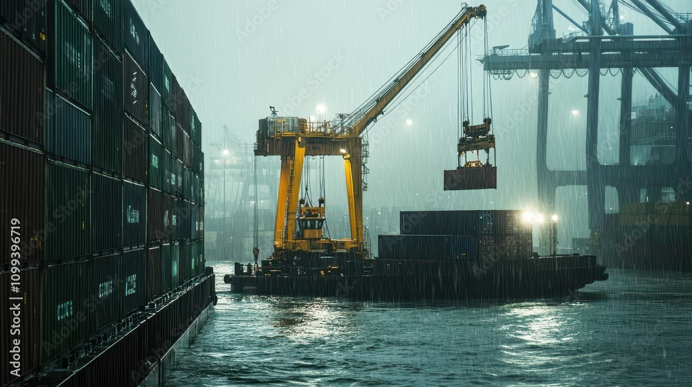 Floating Container Crane in Rain: Moody Overcast Lighting, Atmospheric ...
