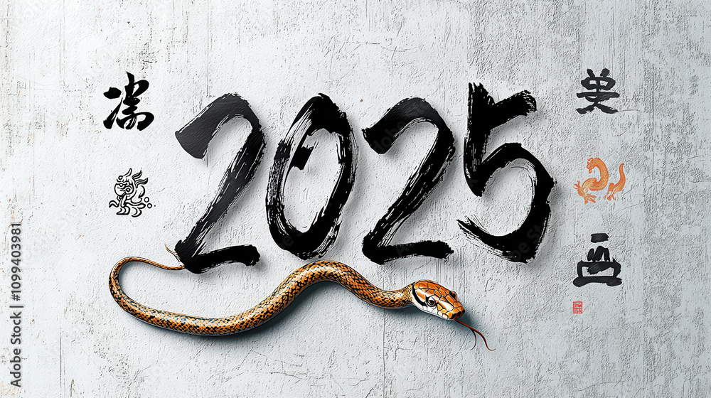 Bold calligraphy of 2025 with snake illustration, symbolizing year ...