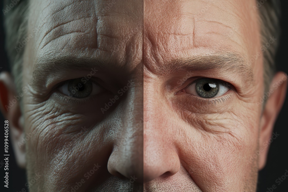 split-screen of man’s face showing transformation from aged to youthful ...